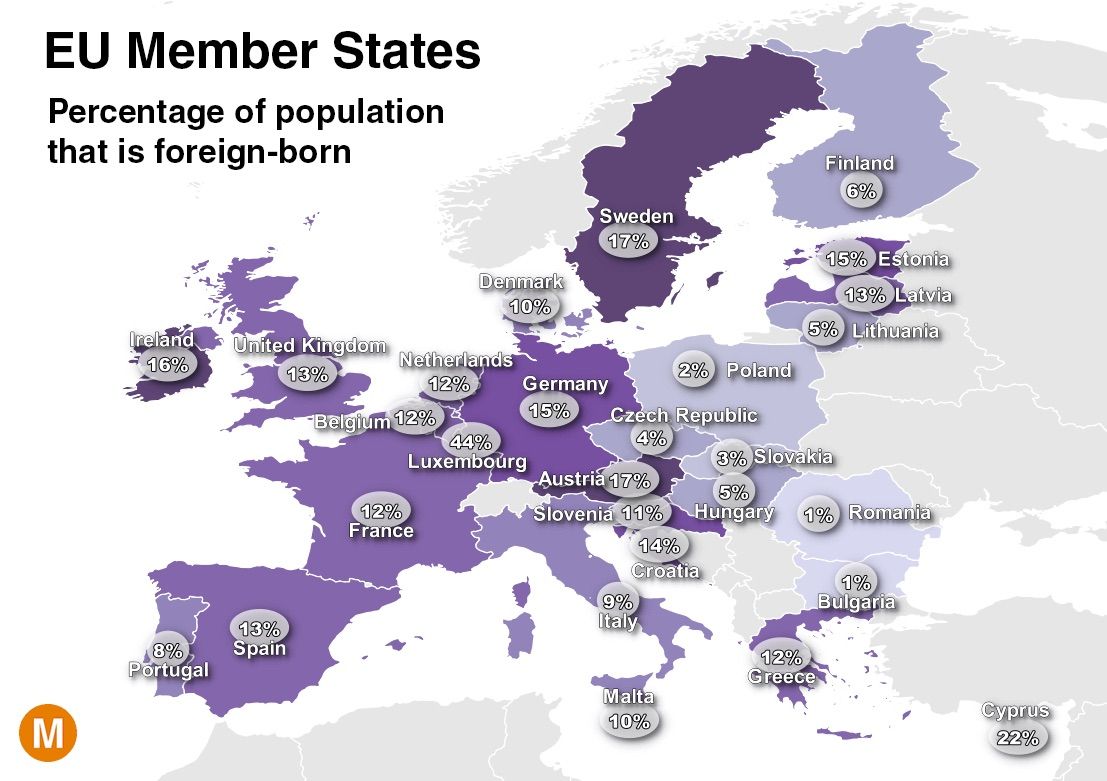 Map of Those Living in the European Union Who Were Foreign-Born Map of Those Living in the European Union Who Were Foreign-Born