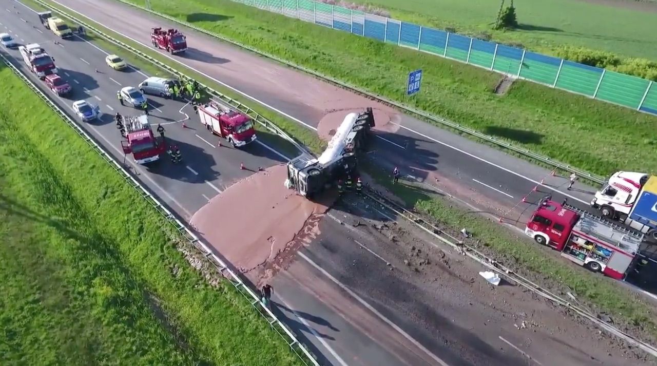 A Truck Spilled Liquid Chocolate All Over a Polish Highway