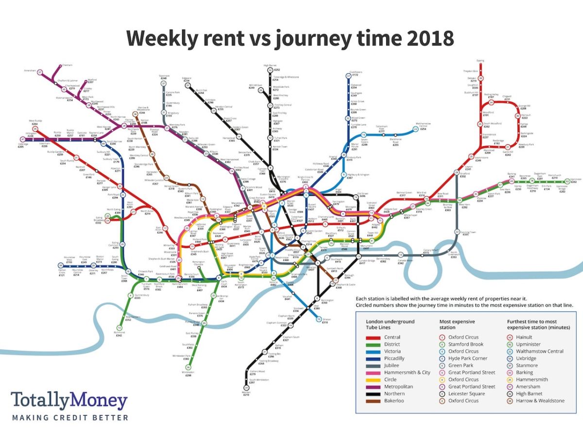 London Underground Map Shows the Average Price of Rent at Every Stop